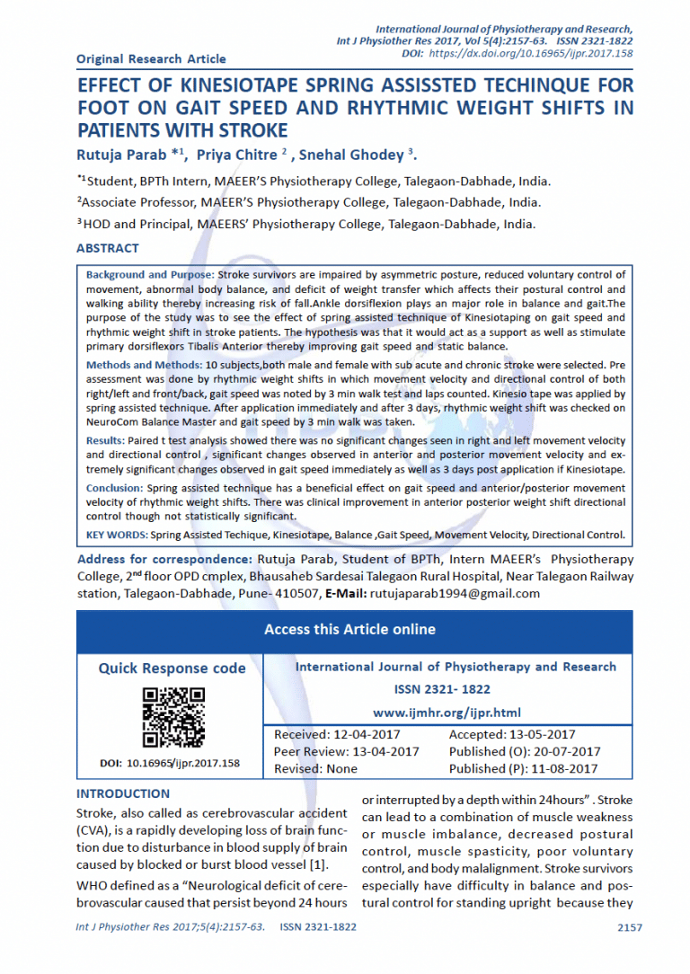 EFFECT OF KINESIOTAPE SPRING ASSISTED TECHNIQUE FOR FOOT ON GAIT SPEED ...